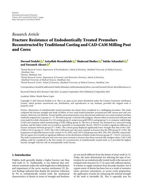 Pdf Fracture Resistance Of Endodontically Treated Premolars Reconstructed By Traditional