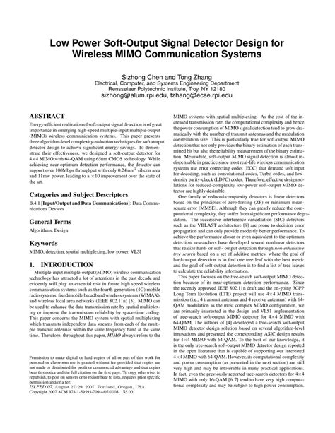Pdf Low Power Soft Output Signal Detector Design For Wireless Mimo