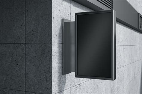 텅 빈 검은색 직사각형 간판에 브랜드 이름 로고 또는 텍스트를 위한 공간이 있는 원근감 있는 콘크리트 건물 벽 배경 옥외 광고 개념 3d 렌더링 모형 0명에 대한 스톡 사진
