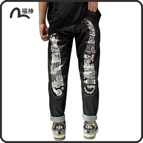 Evisu กางเกงยีนส์ผู้ชายและผู้หญิงรุ่นเดียวกันของขากลอินเทรนด์แบรนด์น้ำซุปข้นขนาดใหญ่ M พิมพ์