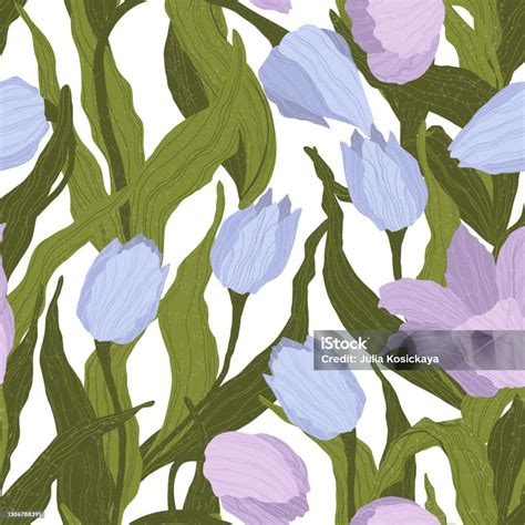 흰색 배경에 파란색과 보라색 튤립 꽃의 매끄러운 패턴 벡터 그림입니다 포장 섬유 또는 인쇄 디자인에 가장 적합합니다 봄의 상징 0명에 대한 스톡 벡터 아트 및 기타 이미지