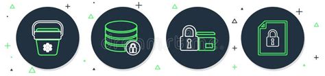 Set Line Server Security With Lock Credit Card Cooler Bag And Document And Icon Vector Stock