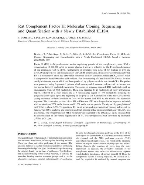 Pdf Rat Complement Factor H Molecular Cloning Sequencing And Quantification With A Newly