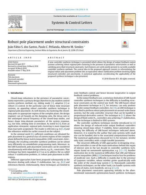 2018 Robust Pole Placement Under Structural Constraints Pdf Control
