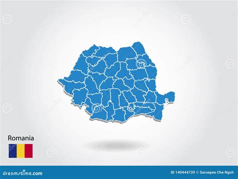 Romania Map Design With 3d Style Blue Romania Map And National Flag Stock Vector Illustration