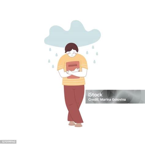 하얀 배경에 추상적인 구름과 비가 내리는 책을 들고 있는 슬픈 학생 우울한 십대 대학교에 대한 스톡 벡터 아트 및 기타 이미지 대학교 정신 건강 학생 Istock