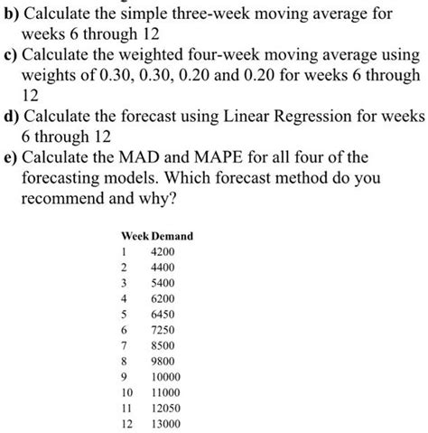 b calculate the simple three week moving average for weeks 6 through