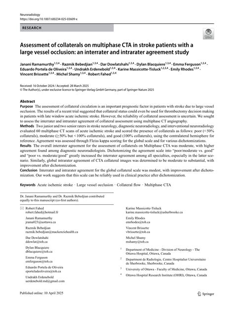 Pdf Assessment Of Collaterals On Multiphase Cta In Stroke Patients With A Large Vessel
