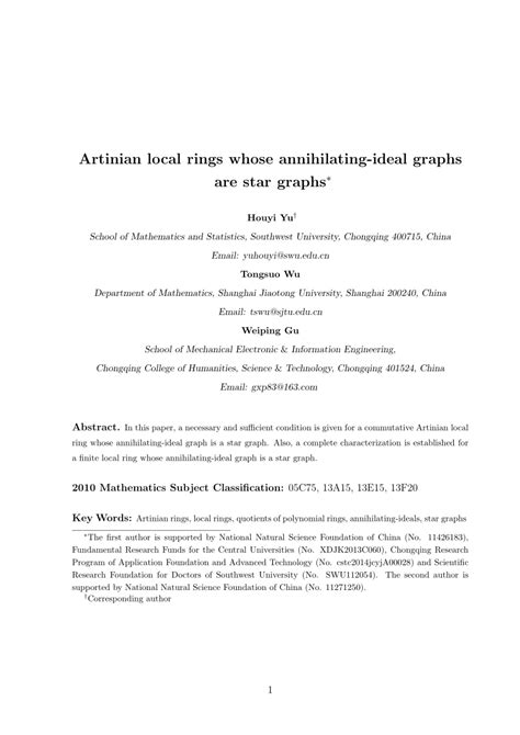 Pdf Artinian Local Rings Whose Annihilating Ideal Graphs Are Star Graphs