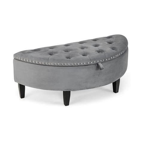 Half Moon Storage Bench Velvet Upholstered Ottoman Bench Grey Urban