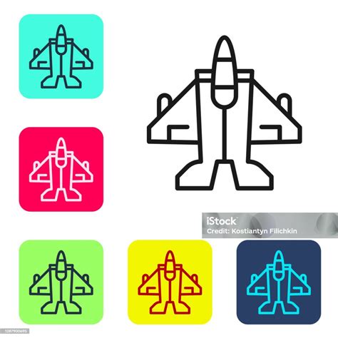 흰색 배경에 격리 된 검은 줄 제트 전투기 아이콘 군용기 색상 정사각형 단추로 아이콘을 설정합니다 벡터 Airshow에 대한 스톡 벡터 아트 및 기타 이미지 Istock