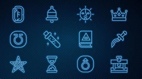 물약 단검 태양 생명 마법 룬 고대 마법 책 및 울리는 알람 벨 아이콘이 있는 라인 병을 설정합니다 벡터 0명에 대한 스톡 벡터 아트 및 기타 이미지 Istock