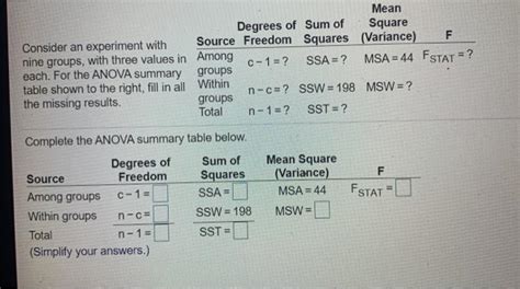 solved mean degrees of sum of square consider an experiment
