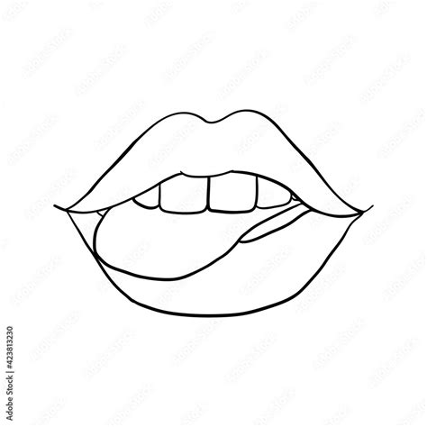 Sexy Plump Lips Kiss Isolated Line Art Hand Drawn Illustration Vector