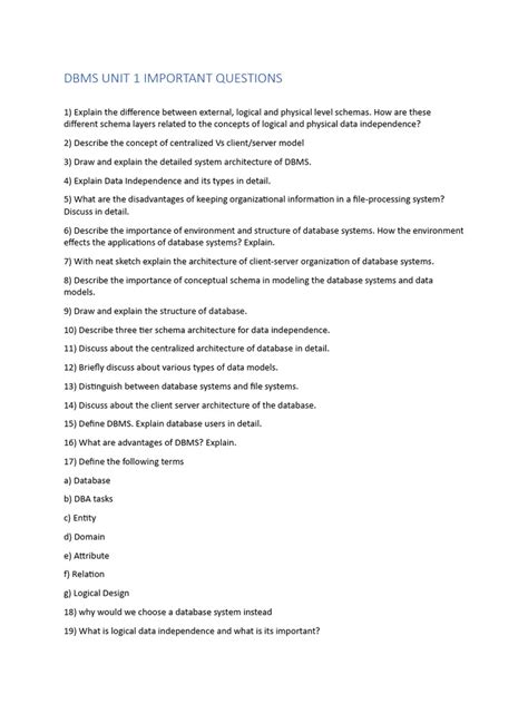 Dbms Unit 1 Important Questions Pdf