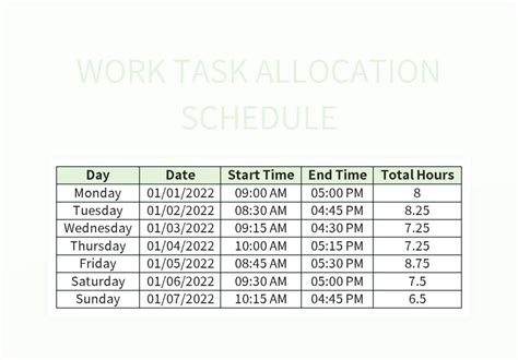Work Task Allocation Schedule Excel Template And Google Sheets File For Free Download Slidesdocs