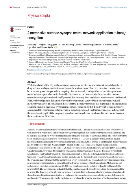 A Memristive Autapse Synapse Neural Network Application To Image Encryption Request Pdf