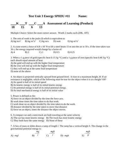 Work And Energy Test Grade 11 Physics Sph3u Energy Unit Test With