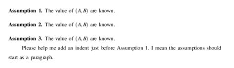 environments indent before theorem assumption tex latex stack