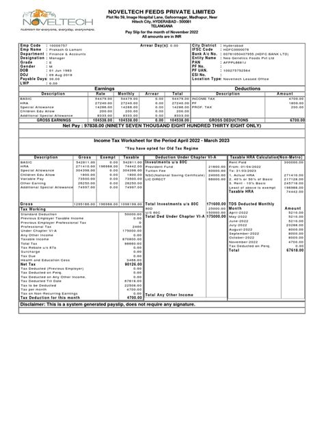 Noveltech Feeds Private Limited Earnings Deductions Pdf Taxes