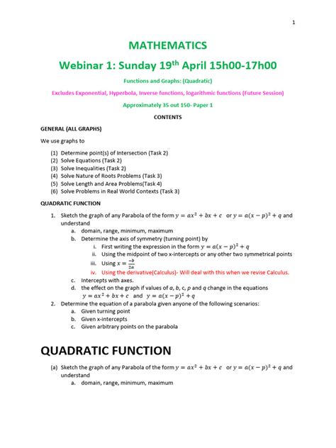 Mathematics Webinar 1 Notes Quadratic Function Pdf Function Mathematics Mathematical