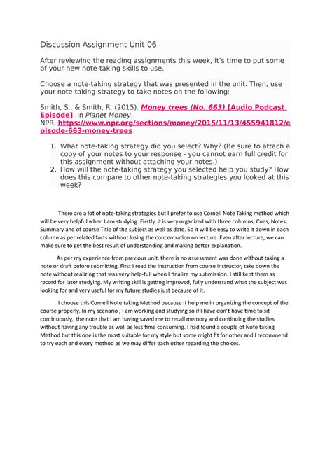 Discussion Assignment Unit 06 Choose A Note Taking Strategy That Was