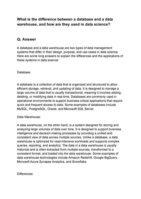 What Is The Difference Between A Database And A Data Warehouse And How Are They Used In Data