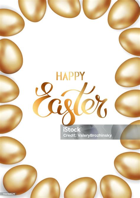 프레임이 나 흰색 바탕에 골드 부활절 달걀의 테두리와 행복 한 부활절의 황금 제목입니다 초대 배경입니다 인사말 카드 템플릿 디자인 벡터 일러스트 개념에 대한 스톡 벡터 아트