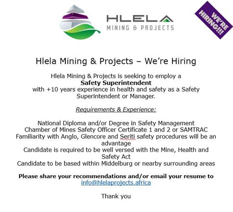 Opportunities Available At Hlela Mining And Projects Please Share Your