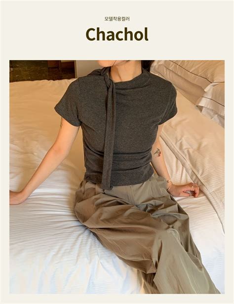 타이 하프 티 3 Color 스카프 리본 머플러 반 폴라 반팔 무지 면 코튼 크롭 티셔츠 하객룩 출근룩