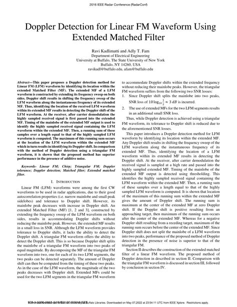 Pdf Doppler Detection For Linear Fm Waveform Using Extended Matched