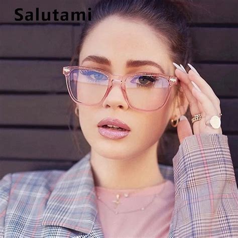 Clear Pink Frame Anti Blue Light Glasses Women Brand Eyeglasses Candy Color Rivet Square