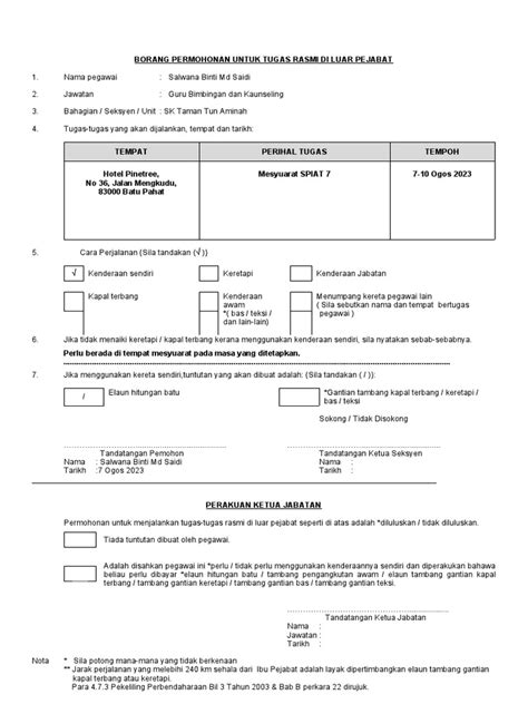 Borang Permohonan Untuk Tugas Rasmi Luar Pejabat Pdf