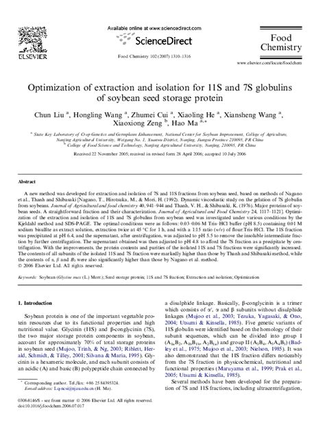Pdf Optimization Of Extraction And Isolation For 11s And 7s Globulins Of Soybean Seed Storage