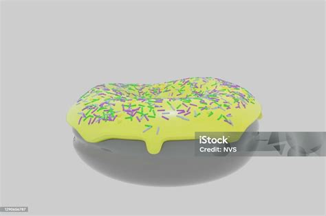 트렌드 색상 2021에서 맛있는 얼티밋 그레이 도넛의 3d 렌더링 일러스트레이션 화려한 페이스트리가 뿌려진 노란 설탕 유약을 조명합니다 달콤한 도넛 공간을 복사합니다