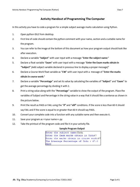 Programming The Computer Activity Handout Pdf