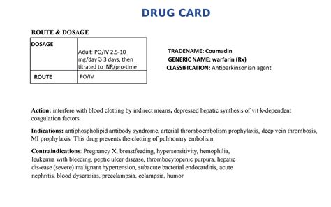 Coumadin Drug Cards Drug Card Route And Dosage Tradename Coumadin
