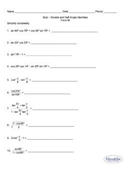 Precalculus Quizzes Answer Keys Double Half Angle Identities