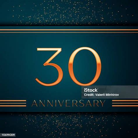 현실적인 30 년 주년 기념 행사 디자인 배너입니다 황금 수와 녹색 배경에 색종이입니다 생일 파티에 대 한 다채로운 벡터 템플릿 요소 0명에 대한 스톡 벡터 아트 및 기타