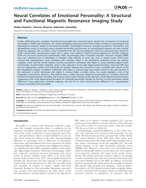 Pdf Neural Correlates Of Emotional Personality A Structural And Functional Magnetic Resonance