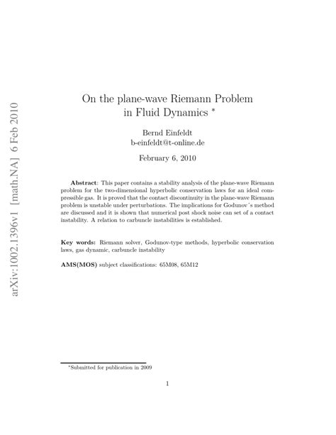 Pdf On The Plane Wave Riemann Problem In Fluid Dynamics