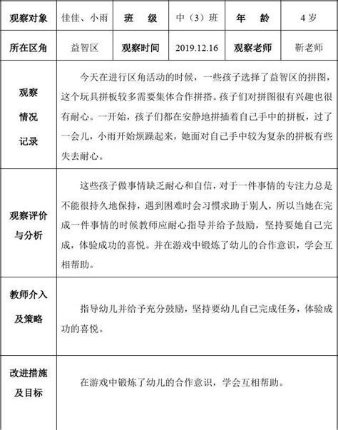 幼儿园中班益智区观察记录分析表 文档之家