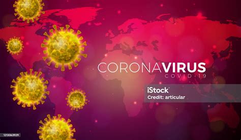 코비드19 레드 월드맵 배경에 현미경보기에 바이러스 세포와 코로나 바이러스 발생 디자인 프로모션 배너 또는 전단지에 대한 위험한 Sars 전염병 테마에 벡터 일러스트 템플릿