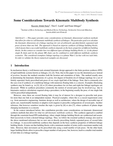 Pdf Some Considerations Towards Kinematic Multibody Synthesis