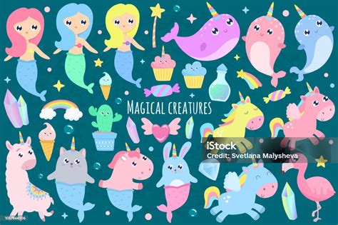 마법의 생물입니다 일각 고래 유니콘 인 어 토끼 인 어 고양이 인 어 페가수스 마법의 항목 벡터 일러스트 레이 션 여자 인어에