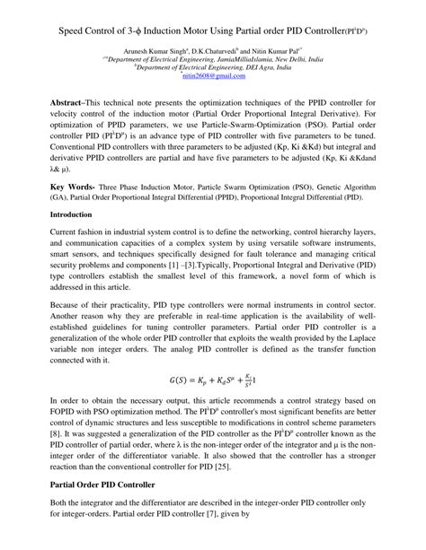 Pdf Pso Based Fractional Order Pid Controller For Speed Control Of Induction Motor