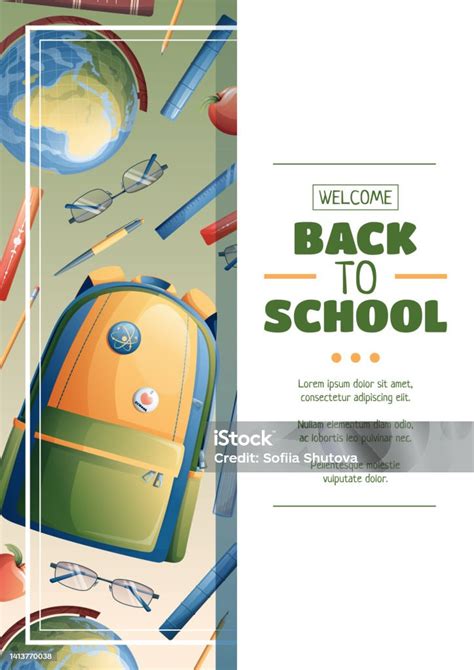 학교 배낭 지구 및 교과서가있는 전단지 디자인 학교 시간 학교로 돌아 가기 교육 전단지 포스터 배너 크기 4 전단지에 대한 스톡 벡터 아트 및 기타 이미지 Istock