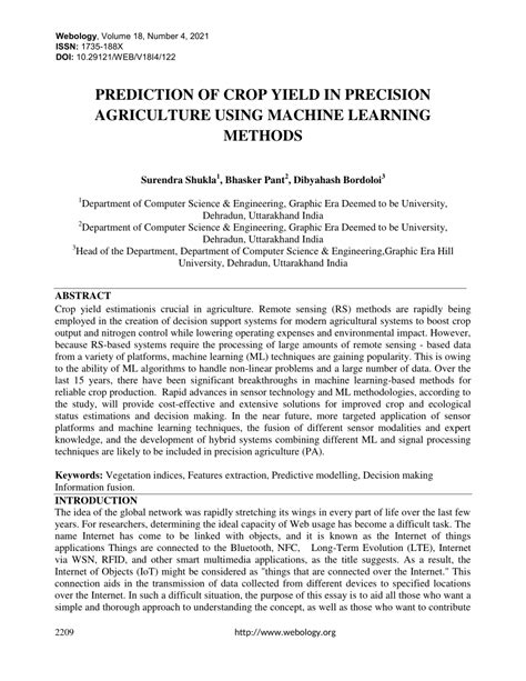 PDF PREDICTION OF CROP YIELD IN PRECISION AGRICULTURE USING MACHINE LEARNING METHODS