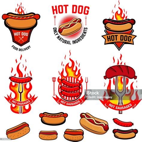 핫도그 튀김된 소시지 엠 블 럼의 집합입니다 길거리 음식 배달 합니다 레이블 상징 기호 포스터 전단지 메뉴 배너 디자인 요소입니다 가공육에 대한 스톡 벡터 아트 및 기타