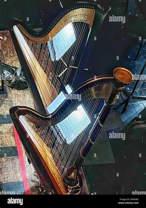 Two Harps Musical Instruments In The Orchestra Seen At The Royal Opera